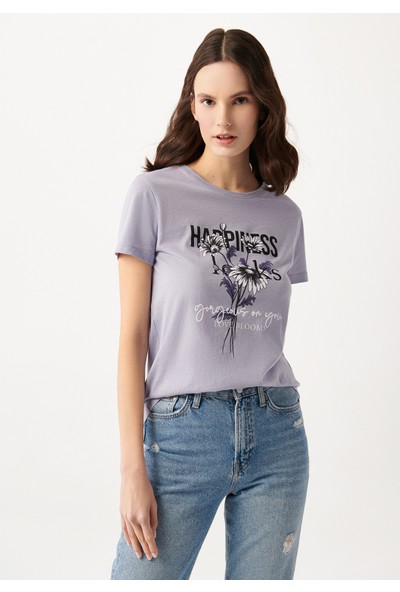 Mavi Happiness Baskılı Mor Tişört