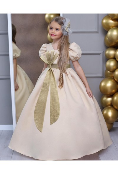 Masho Trend Karpuz Kollu Tokalı Bel Kuşaklı Çocuk Abiye - Kurdalyeli Çocuk Abiye - Kız Çocuk Elbise