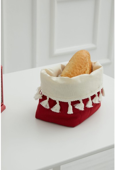 Püsküllü Ekmek Sepeti,krem - Koyu Bordo,es-2