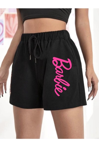 Siyah Penye Şort Barbie Baskılı