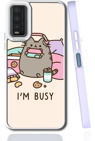 Gramaphone Vivo Y20S Kılıf Kenarları Lila Hd Desen Baskılı Arka Kapak - Tembel Kedi