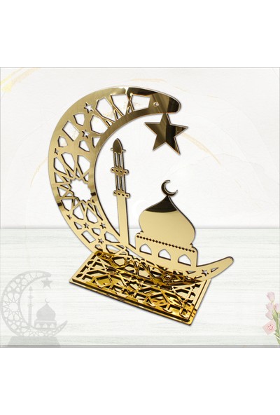 Süsle Bebek ve Parti Ramazan Dekoratif Altın Pleksi Hilal ve Cami, 30cm x 30cm