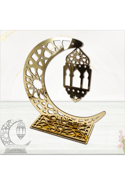 Ramazan Dekoratif Altın Pleksi Hilal ve Kandil, 30CM x 30CM