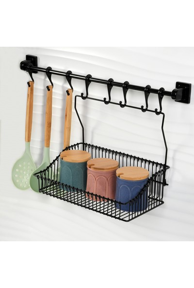 Hagen Güçlü Yapıştırma 8 Li Askı Rayı (55 Cm) + 20X30 Ferforje Sepet