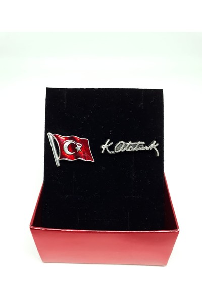 Asperas Grup Ikili Dalgalı Türk Bayrağı ve Atatürk Imzası Yaka Rozeti