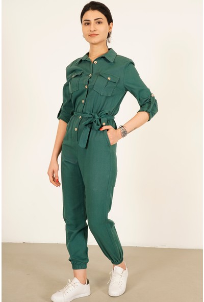 Yare Önden Düğmeli Kuşaklı Uzun Kollu Gabardin Tulum