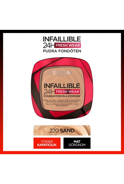 L'Oréal Paris Infaillible 24H Fresh Wear Pudra Fondöten 220 Sand L'Oréal Paris Infaillible 24H Fresh Wear Pudra Fondöten 220 Sand