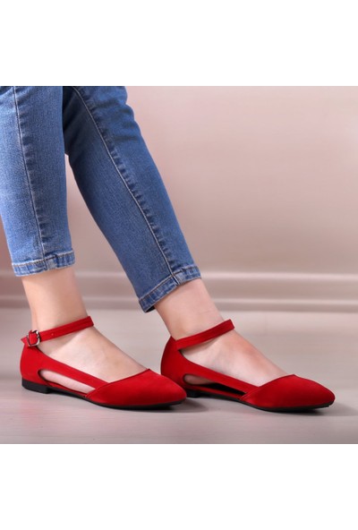 Benetton Kırmızı Günlük Kadın Lüx Süet Kemerli Pencereli Baretli Babet Ayakkabı