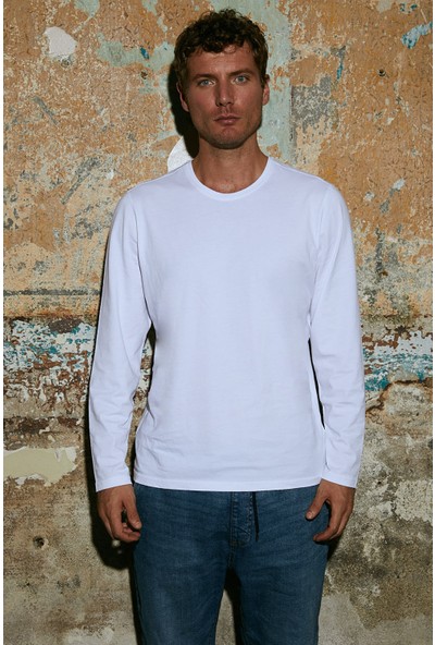 Erkek Beyaz Uzun Kollu Bisiklet Yaka Pamuklu T-Shirt Erkek Beyaz Uzun Kollu Bisiklet Yaka Pamuklu T-Shirt