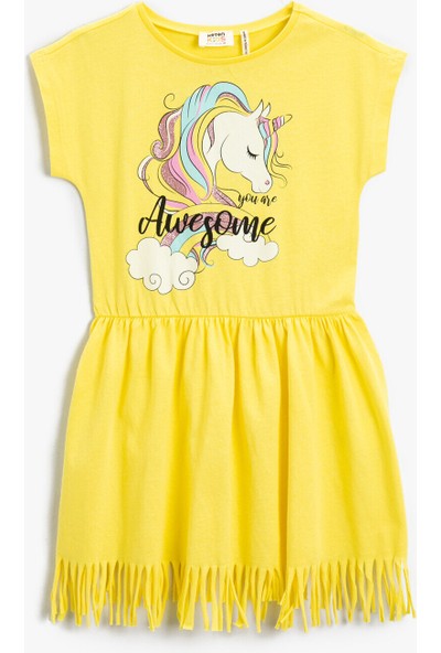 Püsküllü Unicorn Baskılı Kısa Kollu Elbise Bisiklet Yaka Pamuklu