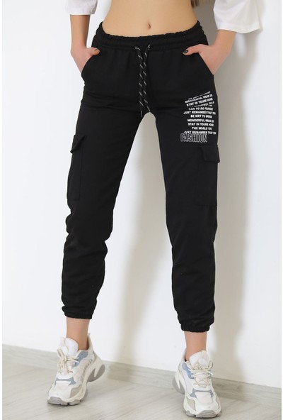 Baskılı Kargo Cepli Eşofman Altı Siyah