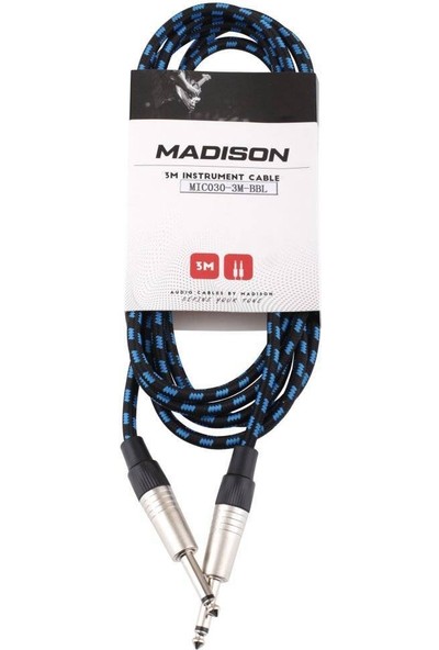 Madison MIC030-3M-BBL Örgülü Kumaş Gitar Kablosu 3 Metre Siyah Mavi Çizgili