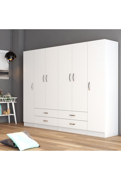 Tanmob 6 Kapılı Dört Çekmeceli Geniş Gardrop Beyaz- GRD0801 Tanmob 6 Kapılı Dört Çekmeceli Geniş Gardrop Beyaz- GRD0801