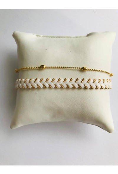 Takı Yıldızım Tila Half Beyaz ve Altın Kaplama Bileklik 2'li Takım