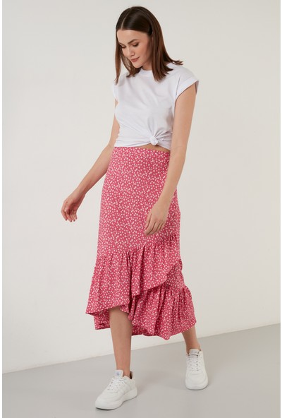 Lela Beli Lastikli Çiçek Desenli Volanlı Midi Boy Etek Bayan Etek 5864509Y5