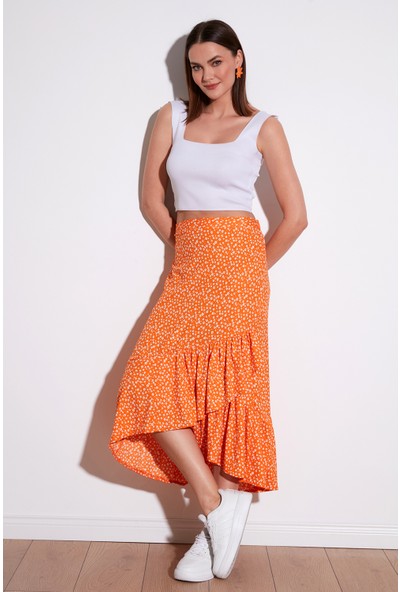 Lela Beli Lastikli Çiçek Desenli Volanlı Midi Boy Etek Bayan Etek 5864509Y5