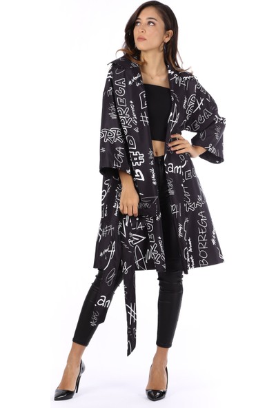Modatalika Kadın Dijital Harf Baskılı Trençkot