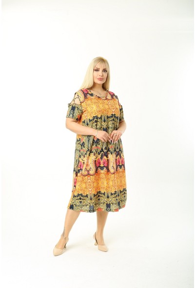 Hardal-Kırmızı Büyük Beden Etnik Desenli Biye Detaylı Viskon Penye Elbise - XXL00015