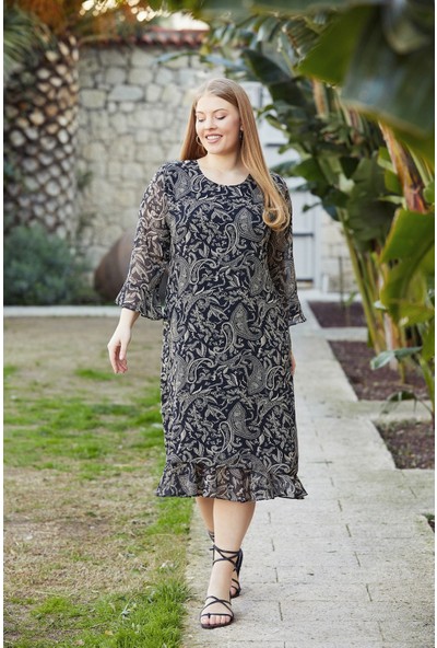 Rmg Kol Detaylı Büyük Beden Siyah Abiye Elbise