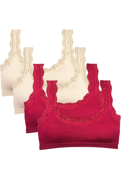 4 Adet Dantel Nakış Işlemeli Pedli Bambu Kadın Büstiyer Krem Bordo