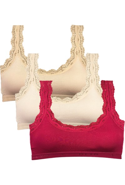 3 Adet Dantel Nakış Işlemeli Pedli Bambu Kadın Büstiyer Ten Krem Bordo