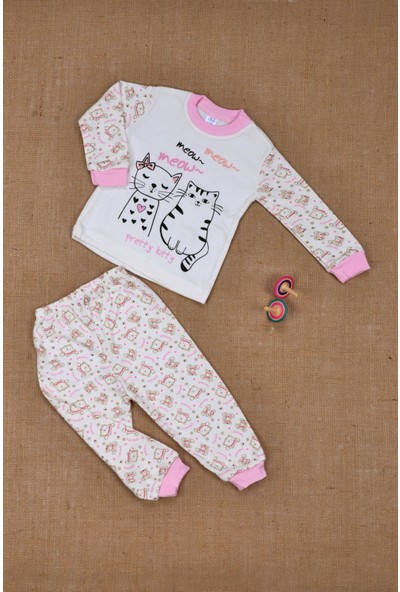 %100 Pamuk, Kedi Temalı Penye Pijama Takımı 1-3 Yaş
