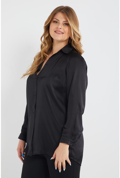 Nell Büyük Beden Yakalı Kol Manşetli Saten Gömlek