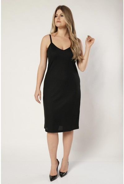 Nelly Büyük Beden Siyah Ip Askılı Likralı Toparlayıcı Elbise