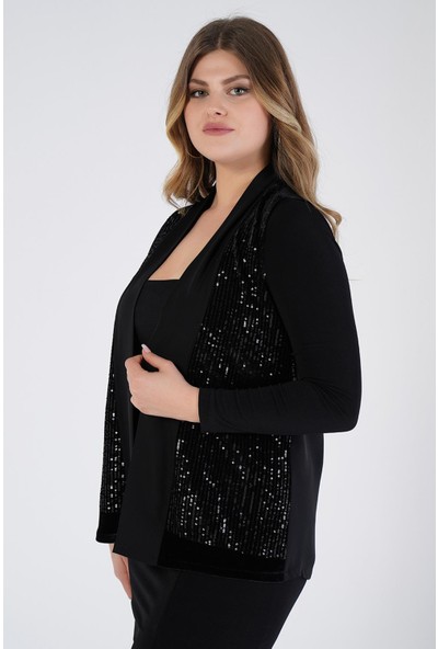 Büyük Beden Şal Yakalı Payetli Yelek Büyük Beden Şal Yakalı Payetli Yelek