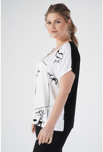 Nelly Büyük Beden Ön Baskılı Kısa Kol Bluz