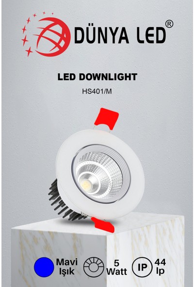 Dünya Led HS.401-M 5W Cob LED Beyaz Kasa Mavi Renk Yüksek Lümen Drıver Hediye