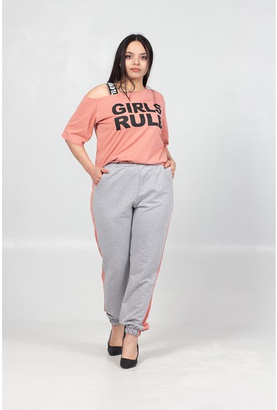 Truva Xxl Büyük Beden Kadın Giyim Tek Omuz Detay Eşofman Takım Gül Kurusu EST003