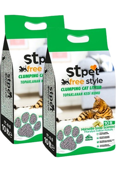 St Pet Marsilya Sabun Kokulu Topaklanan Bentonit Kedi Kumu 10 Lt x 2 Adet