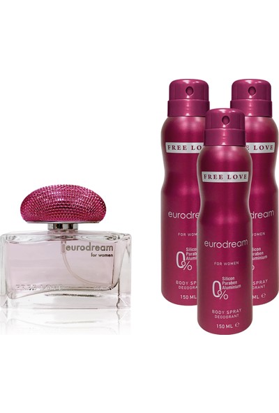 Free Love Eurodream Edp Kadın Parfüm 100 ml ve Deodorant 150 ml 3 Adet Free Love Eurodream Edp Kadın Parfüm 100 ml ve Deodorant 150 ml 3 Adet