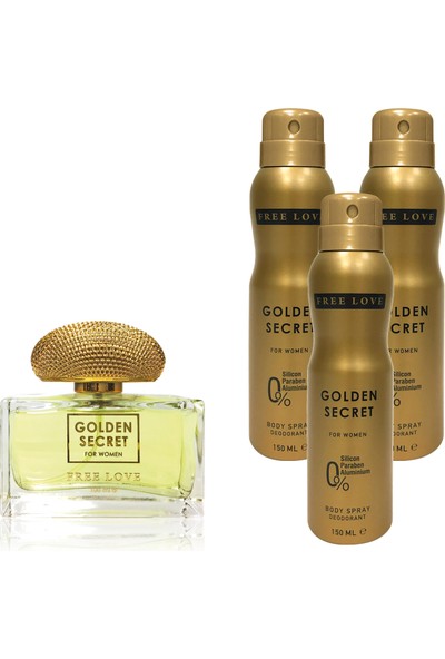 Free Love Golden Secret Edp Kadın Parfüm 100 ml ve Deodorant 150 ml 3 Adet Free Love Golden Secret Edp Kadın Parfüm 100 ml ve Deodorant 150 ml 3 Adet