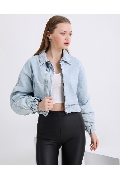 Turquoise Balon Kollu Buz Mavisi Crop Denim Ceket Turquoise Balon Kollu Buz Mavisi Crop Denim Ceket