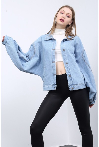 Turquoise Balon Kollu Buz Mavisi Çift Cepli Uzun Denim Ceket Turquoise Balon Kollu Buz Mavisi Çift Cepli Uzun Denim Ceket
