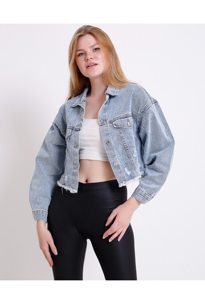 Turquoise Yırtık Model Kısa Denim Ceket