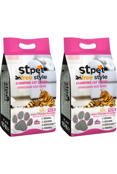 St Pet Bebek Pudrası Kokulu Topaklanan Bentonit Kedi Kumu 10 Lt x 2 Adet
