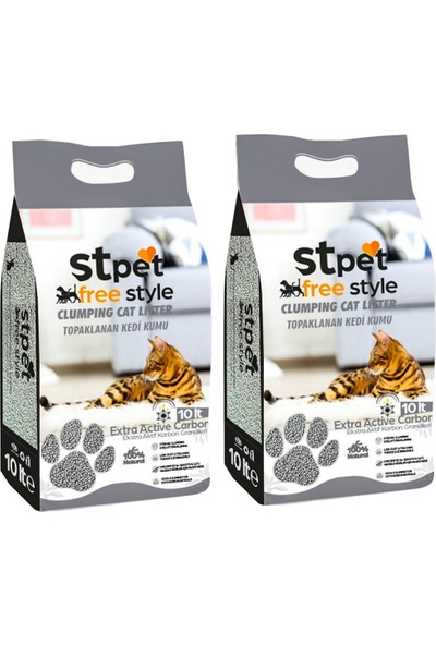 St Pet Aktif Karbonlu Süper Topaklanan Bentonit Kedi Kumu 10 Lt x 2 Adet St Pet Aktif Karbonlu Süper Topaklanan Bentonit Kedi Kumu 10 Lt x 2 Adet