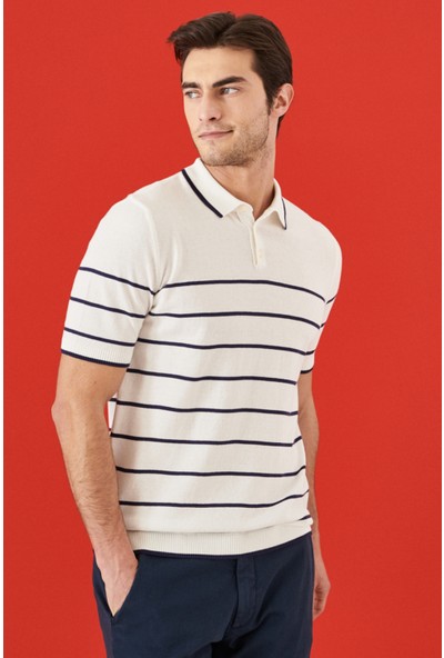 Altınyıldız Classıcs Erkek Ekru-Lacivert Standart Fit Polo Yaka Pamuk Çizgili Triko Tişört Altınyıldız Classıcs Erkek Ekru-Lacivert Standart Fit Polo Yaka Pamuk Çizgili Triko Tişört