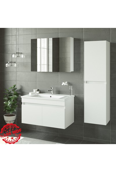 Banos TM3 Ayaksız 2 Kapaklı Lavabolu Beyaz Mdf 85 cm Banyo Dolabı + Aynalı Banyo Üst Dolabı + Banyo Boy Dolabı