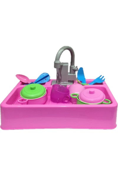 Kahraman Oyuncak Çeşmeli Lavabo Oyuncak Çevirmeli 90 Derece Dönebilen Musluk Garantili Adaptör 9 Parça Pembe