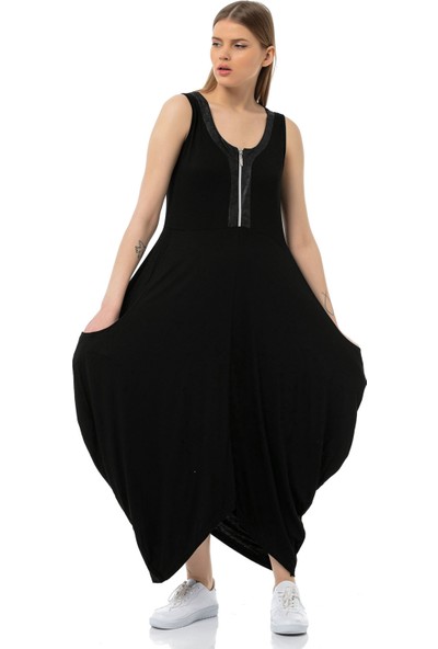 Etkimod Kadın Siyah Önüderi Garnili Fermuar Detaylı Şalvar Elbise