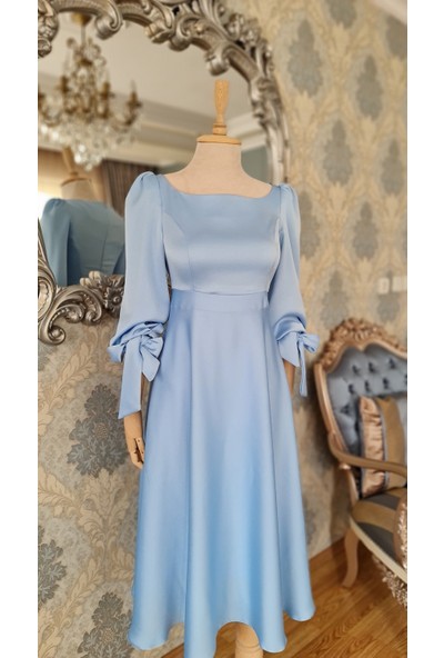 Moda Makko Mavi Saten Kumaştan Oval Yakalı,sade,söz,nişan,özel Gün Elbisesi
