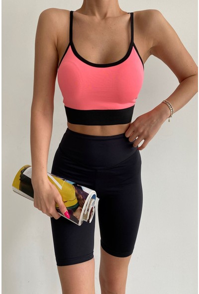 Yeşil Pembe Destekli Spor Veya Günlük Crop Top T-Shirt