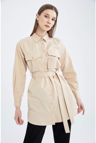 DeFacto Relax Fit Beli Bağlama Detaylı Poplin Ceket Tunik X2881AZ22SP