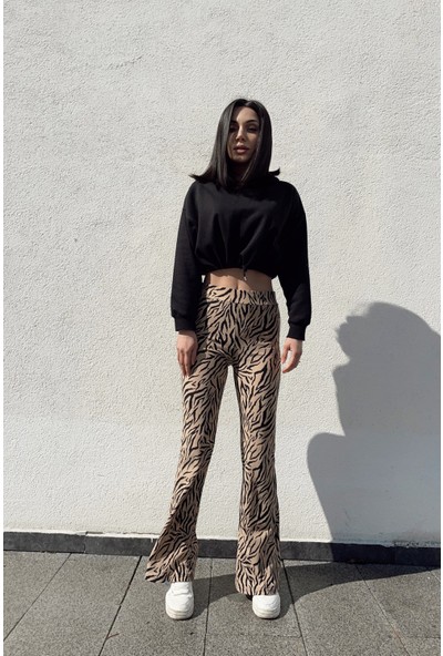İksora Kadın Bej Zebra Desenli Ispanyol Paça Likralı Pantolon