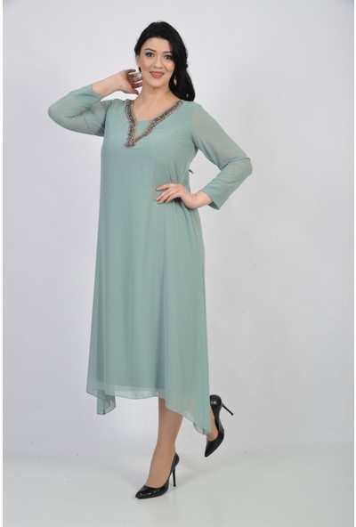 Lilas Xxl Büyük Beden Su Yeşili Renkli Hazır Yaka Şifon Elbise Lilas Xxl Büyük Beden Su Yeşili Renkli Hazır Yaka Şifon Elbise