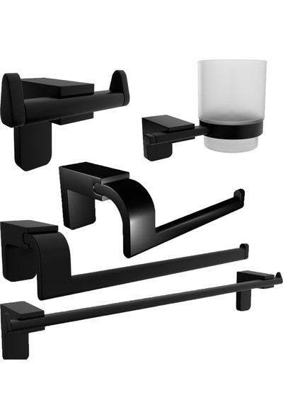 Fndhome Krom Siyah Lux 5 Li Banyo Seti Açık Tuvalet Kağıtlık, Askılık, Uzun Havluluk, Solo Havluluk Fndhome Krom Siyah Lux 5 Li Banyo Seti Açık Tuvalet Kağıtlık, Askılık, Uzun Havluluk, Solo Havluluk